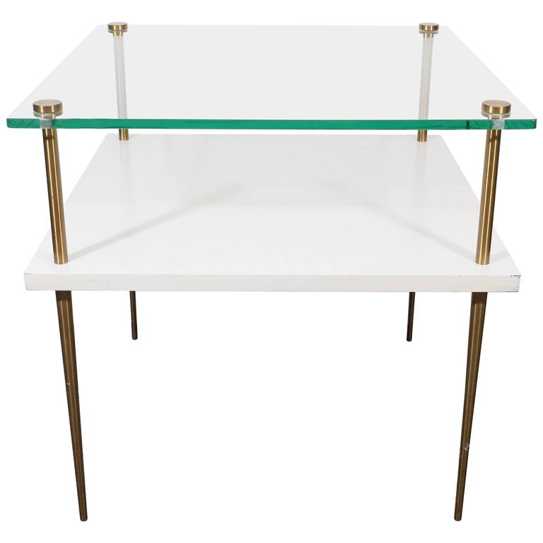 Glass and Laminate Two-Tier Table on Brass Legs at 1stDibs