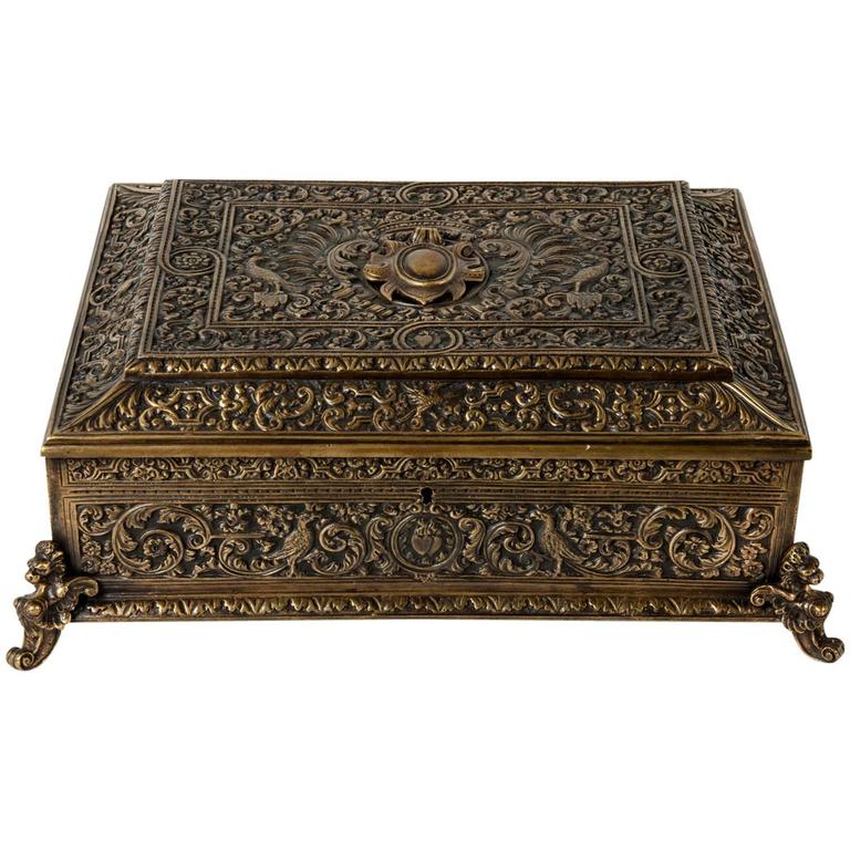 Antique French Brass Embossed Detailing Decorative Footed Box For Sale ...