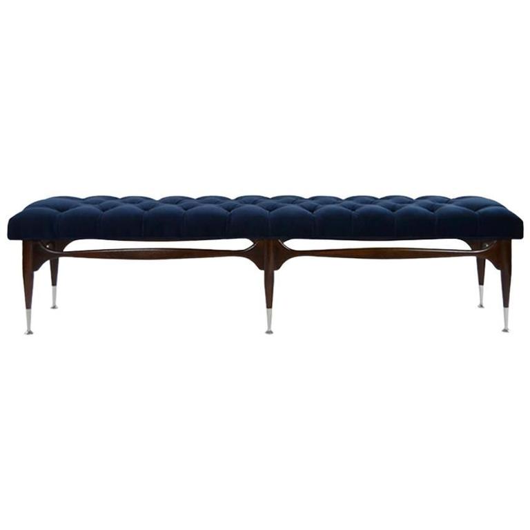 Mid-Century Sculptural Tufted Bench in Navy Blue Velvet at 1stDibs