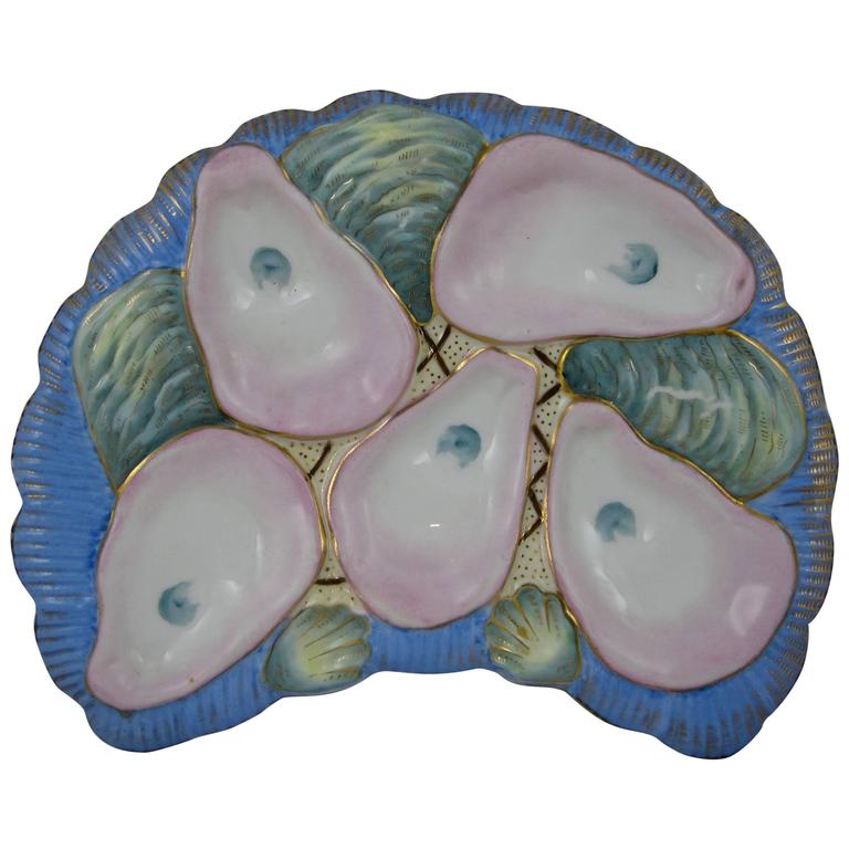 Porcelain Crescent Shape Sky Blue Hand-Painted Floral Oyster Plate at ...