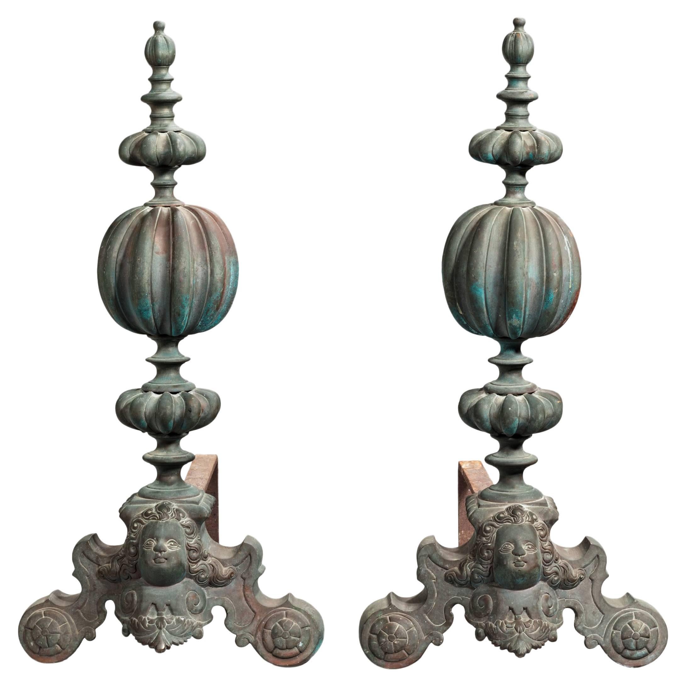 Pair of Wrought Iron and Bronze Baroque Style Andirons For Sale at 1stdibs