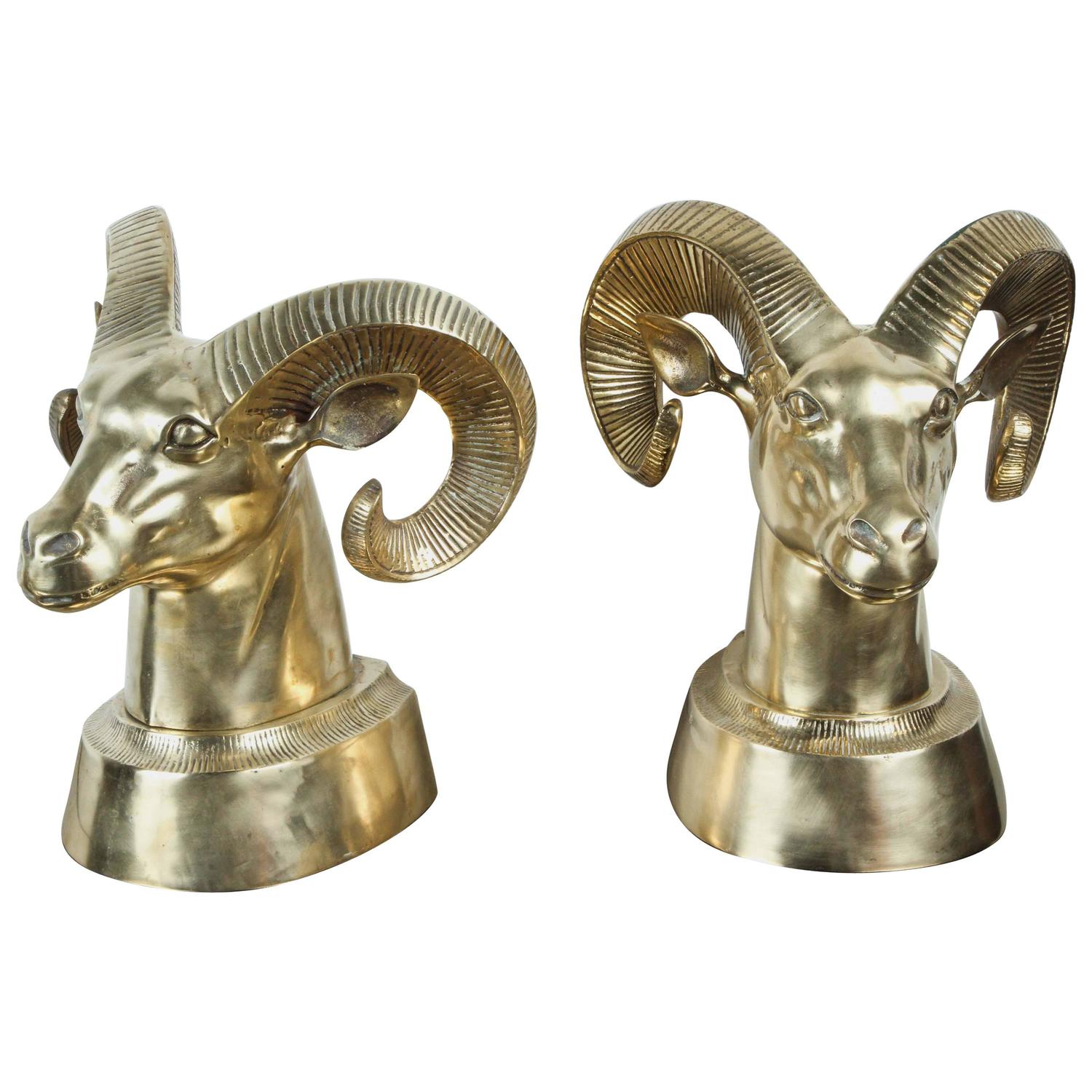 Pair of Large Decorative Brass Rams Heads / Bookends For Sale at 1stdibs