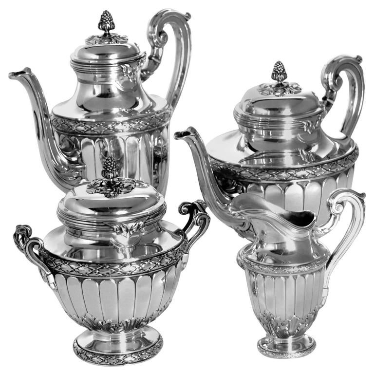 Tetard Massive French Sterling Silver Gold 18-Karat Tea Coffee Set of ...