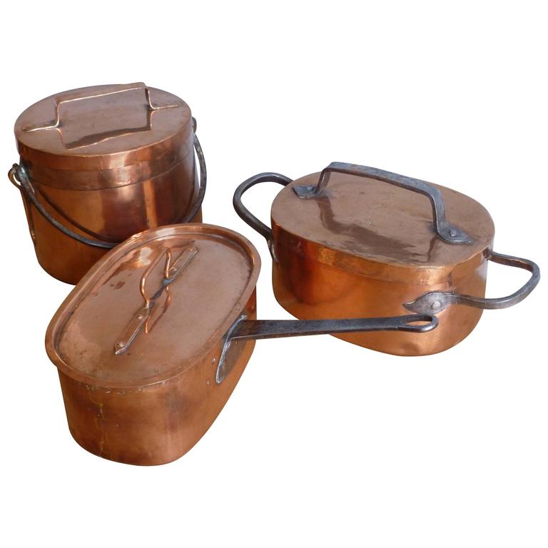Beautiful Set of Three Re-Tinned Copper Pots and Lids at 1stDibs