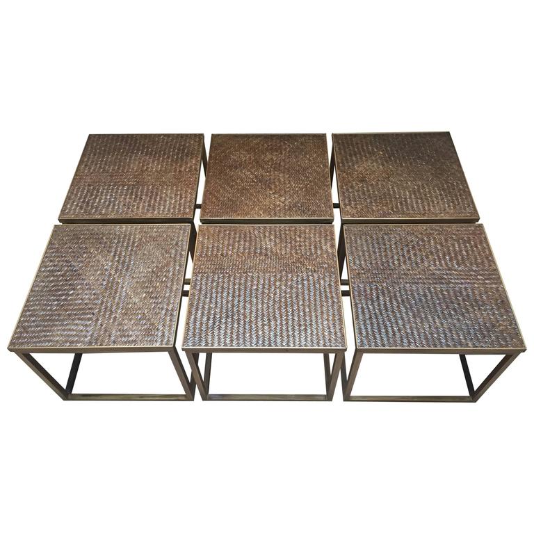 Set of Six Side Tables in Rattan and Wood For Sale at 1stDibs