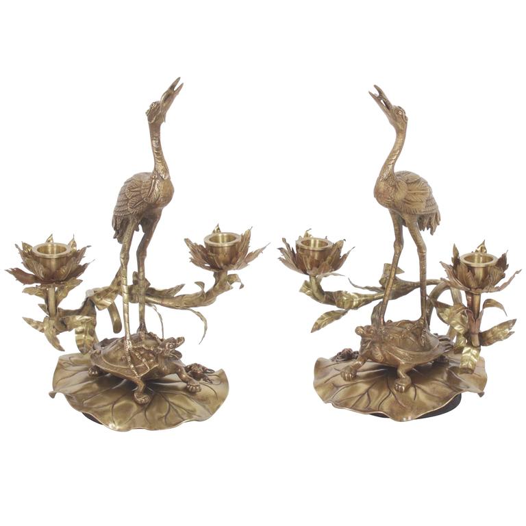Antique Bronze Chinoiserie Crane and Tortoise Candlesticks at 1stDibs ...