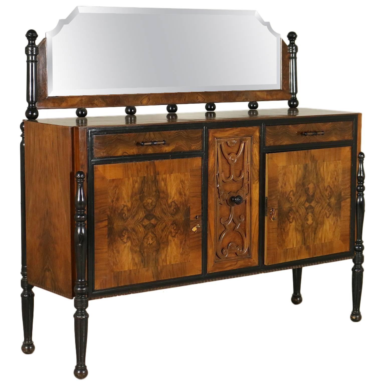 Walnut and Burl Veneered Sideboard with Mirror with Inlaid Decorations ...
