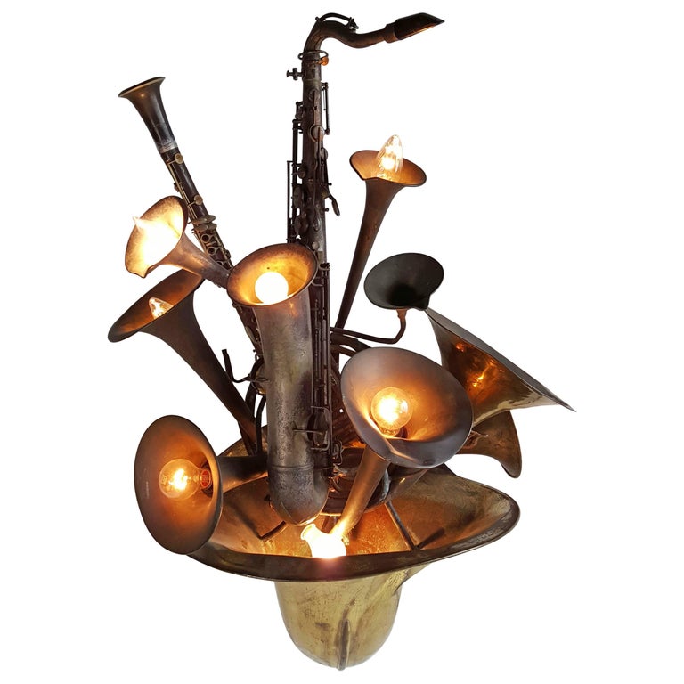 Large Wind Instrument Brass Wall Sconce French Horn, Saxophone at 1stDibs