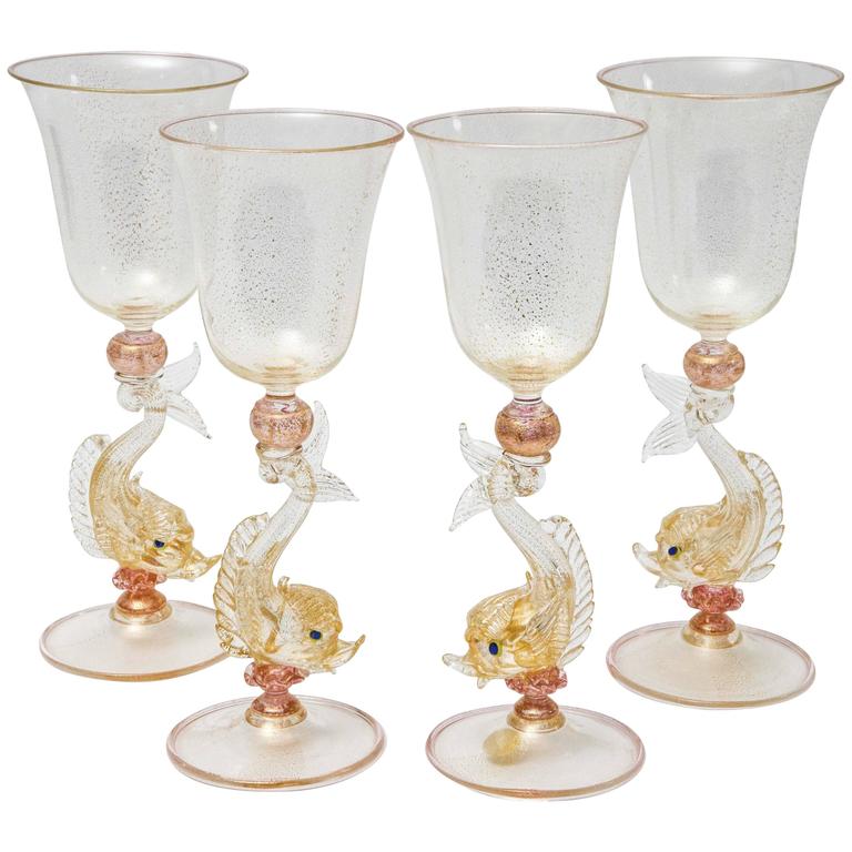 Set of Four Tall Venetian Goblets, Pretty Pink with Dolphin Figural ...