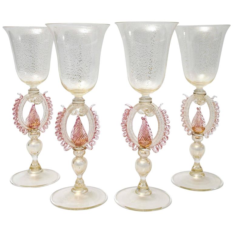 Set of Four Very Tall and Pretty Pink Venetian Goblets at 1stDibs