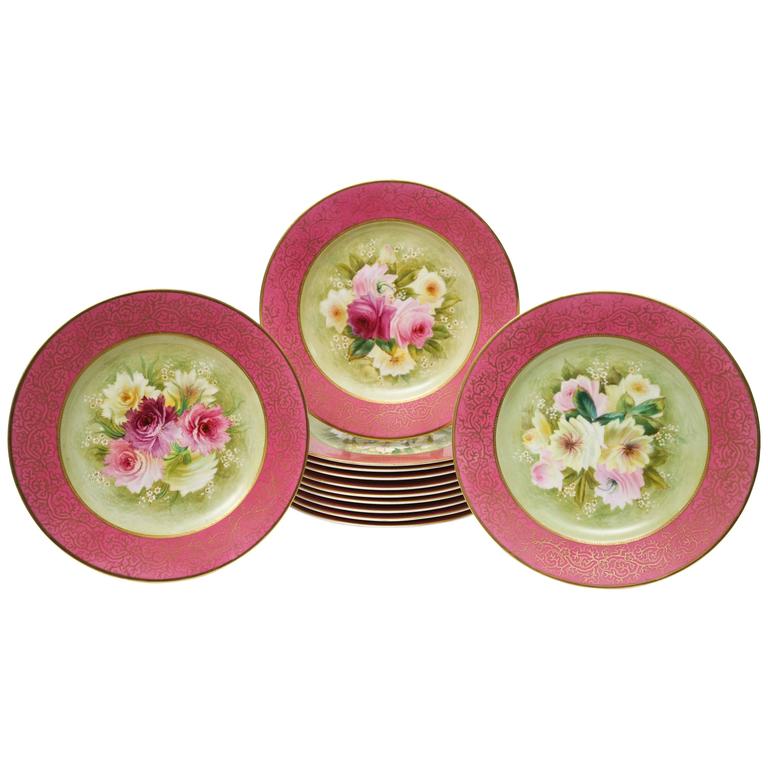 12 Pretty Pink Antique Floral Dessert Plates, Hand-Painted, Artist ...