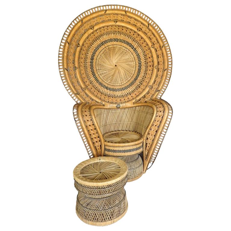 Large and Impressive Woven Rattan Peacock Chair with Ottoman at 1stDibs