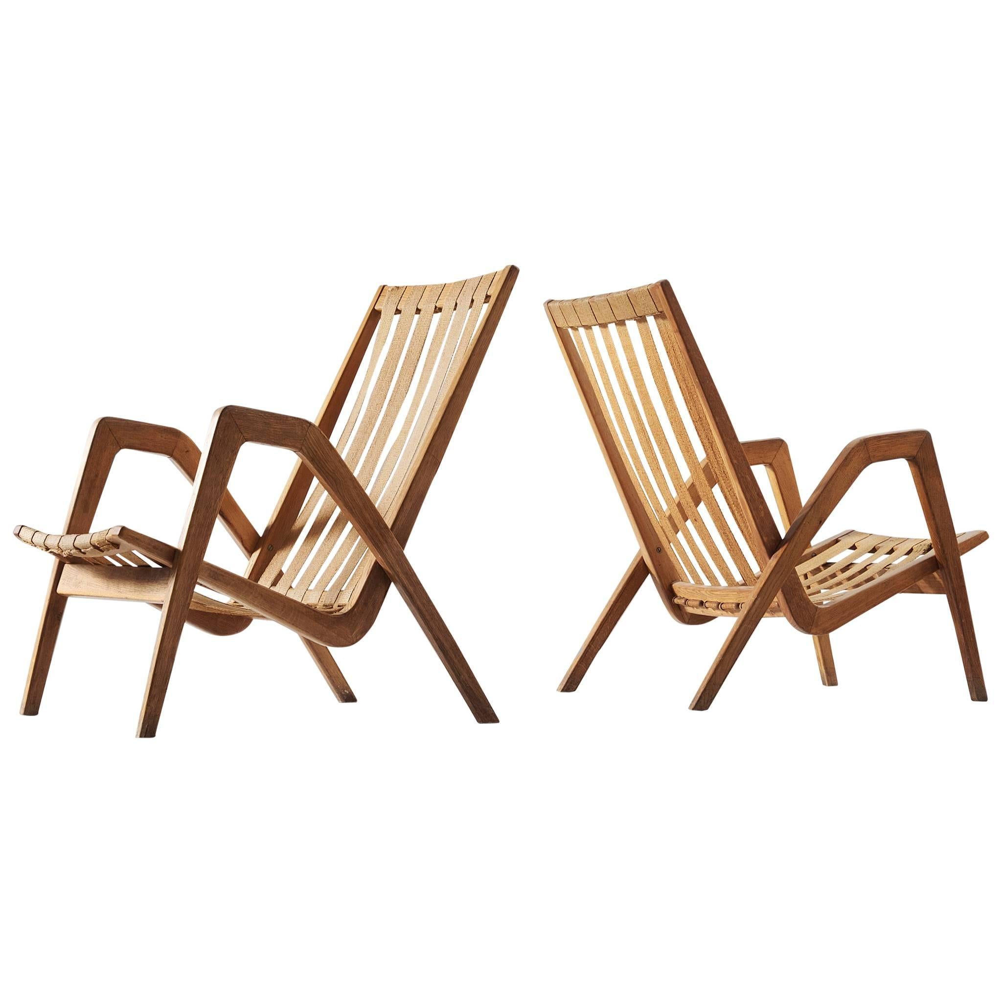Solid Oak Lounge Chairs with Original Webbing For Sale at 1stDibs