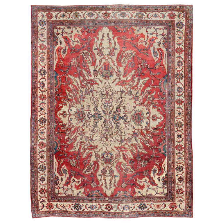 Large Antique Persian Sultanabad Rug in Red, Ivory For Sale at 1stDibs