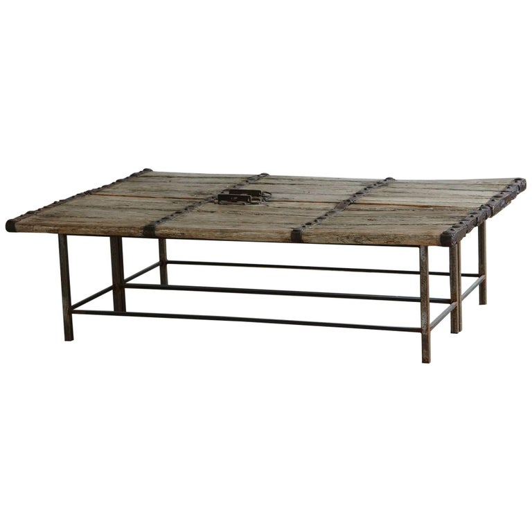 Antique Chinese Gate Doors Low Coffee Table on Custom Made Welded Metal ...