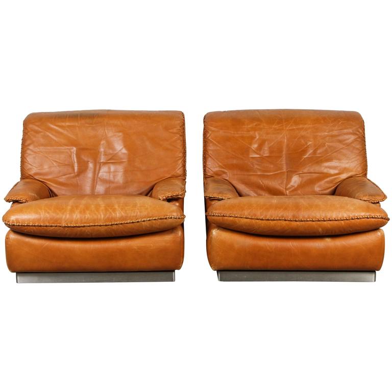 Pair of Italian Leather Club Chairs with Braid Detail and Brushed Steel ...