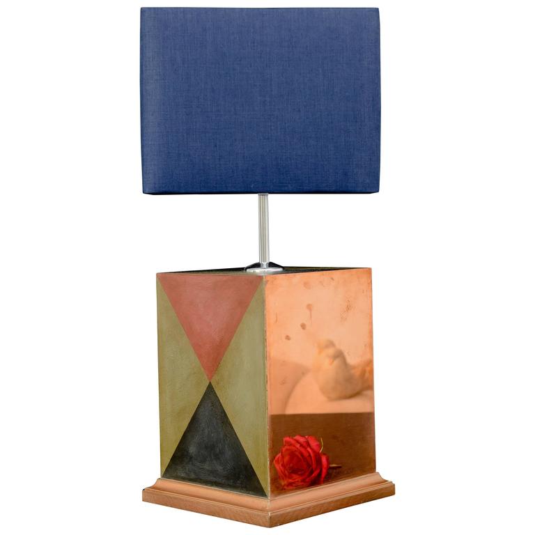 Hand-Painted Table Lamp with Polished Copper Plate For Sale at 1stDibs