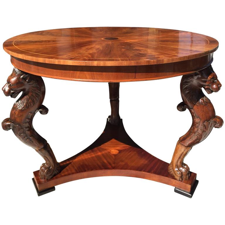 Round Center Table in Empire Style, 50" Mahogany with Lion heads over ...