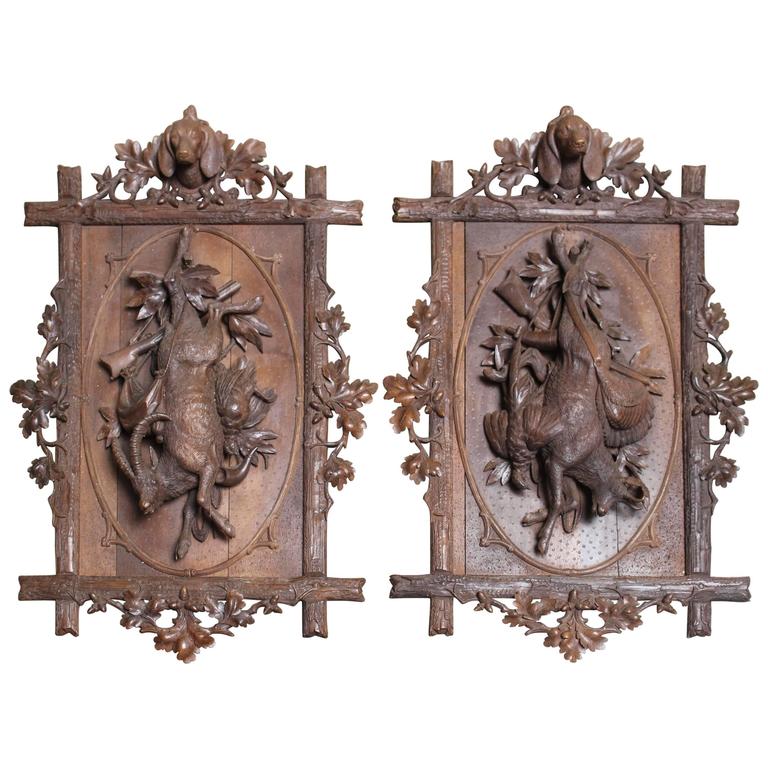 Black Forest Carved Wood Plaque with Painted Scene of the Hunt and ...