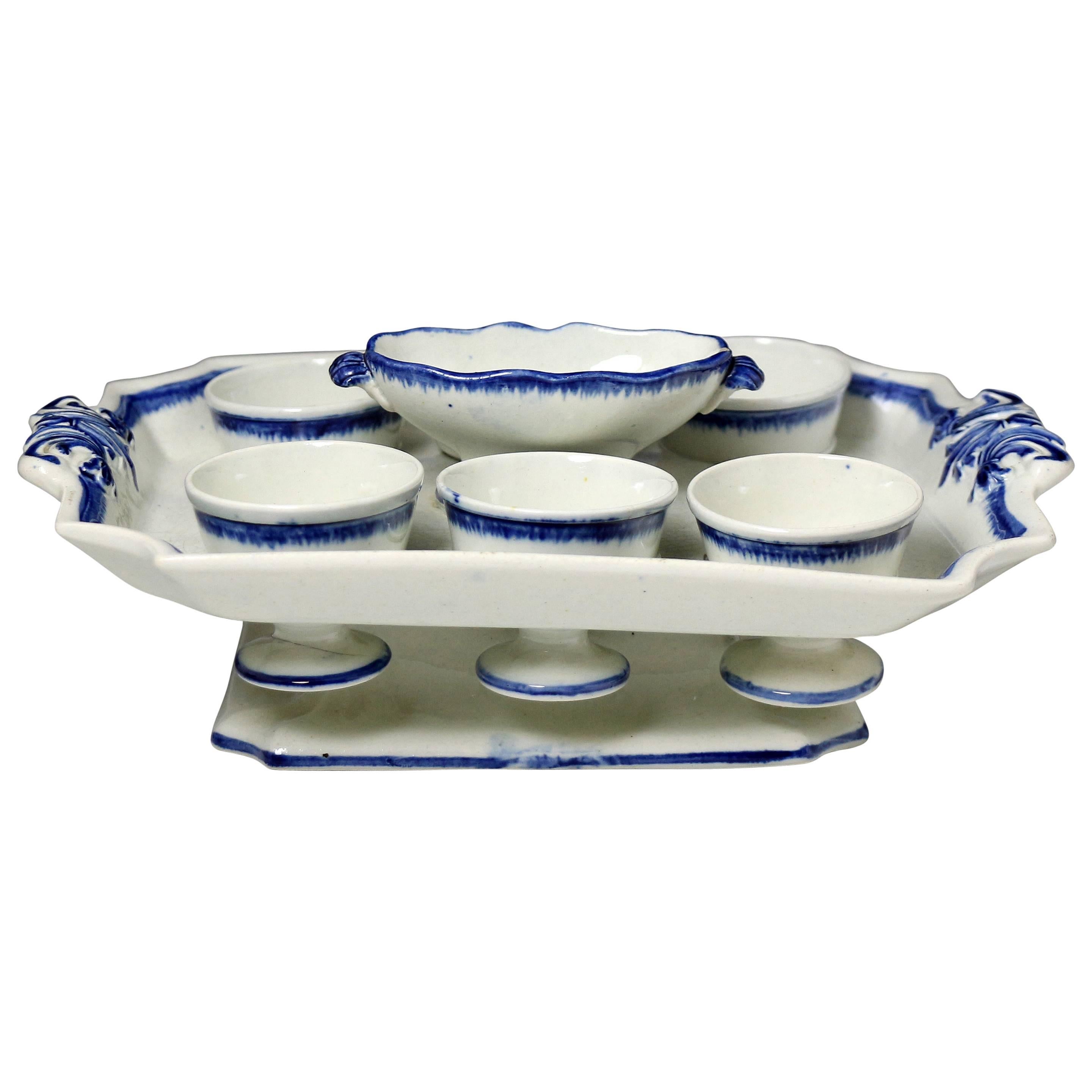 English Pearlware Pottery Egg Cruet with Salt, Six Egg Cups, Early 19th ...