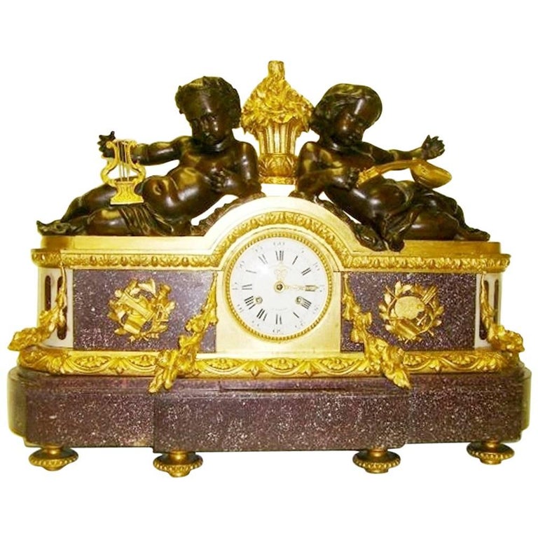 Bronze and Porphyry Clock by Julien Le Roy, 19th Century For Sale at ...