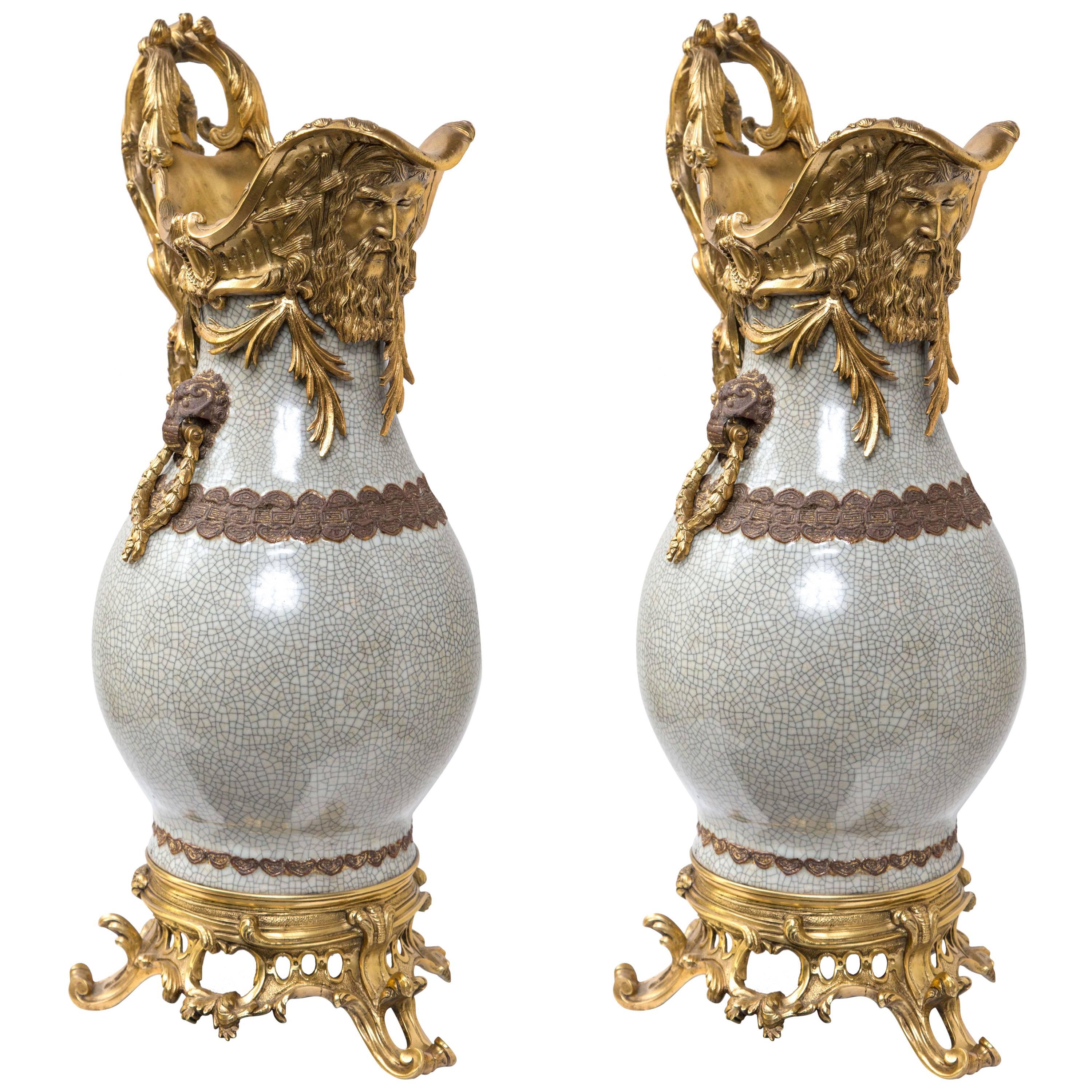 Pair of Fantastic Gilt Bronze Mounted Chinese Porcelain Ewers at 1stDibs