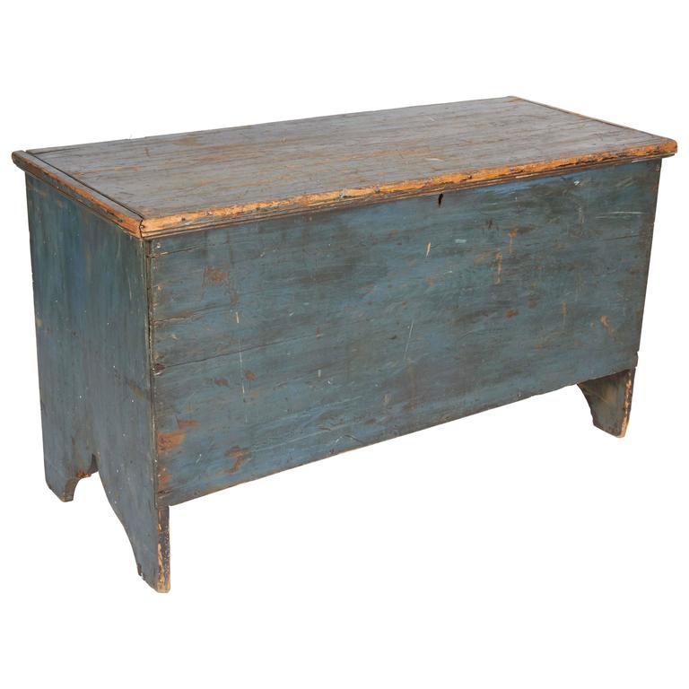 Distressed Blue Painted Wood Trunk at 1stDibs