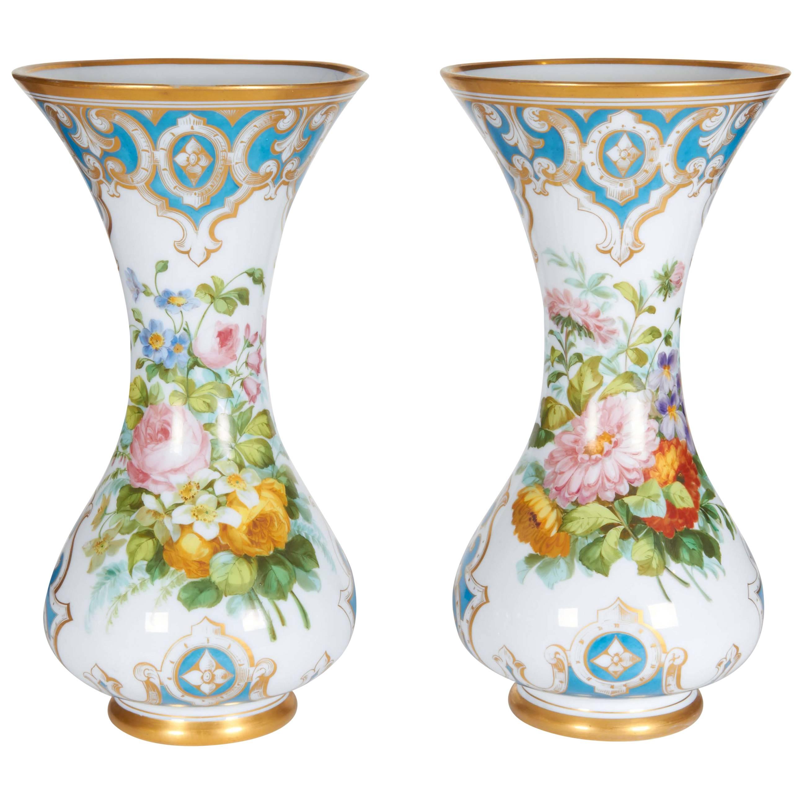 Beautiful Pair of French Opaline Hand-Painted Glass Vases attributed Baccarat at 1stDibs ...