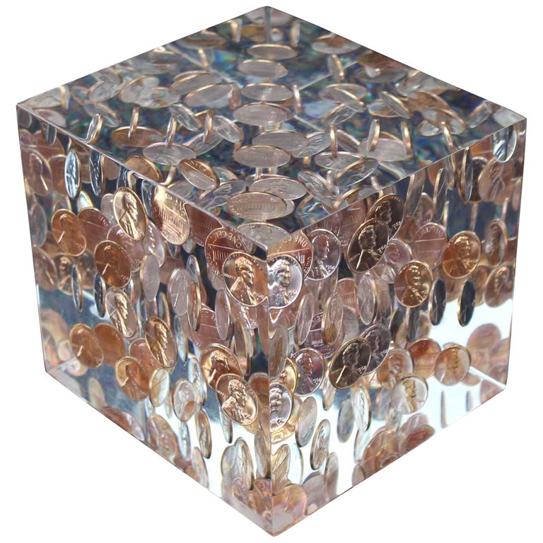 Mid-Century Modern Cube Lucite Sculpture with Captured Lot of "One ...