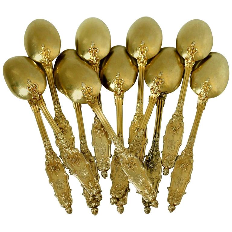Puiforcat French Sterling Silver 18k Gold Tea Spoons Set 12 pc Box ...