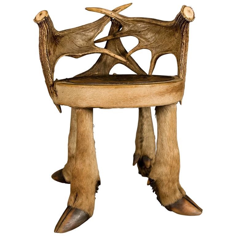 Moose Antler Stool with Pierced Wooden Seat on Four Moose Legs For Sale ...
