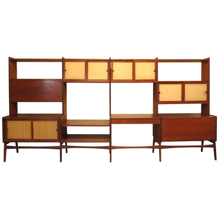 Mid-Century Modern Teak Freestanding Wall Unit, Cane Front Room Divider ...