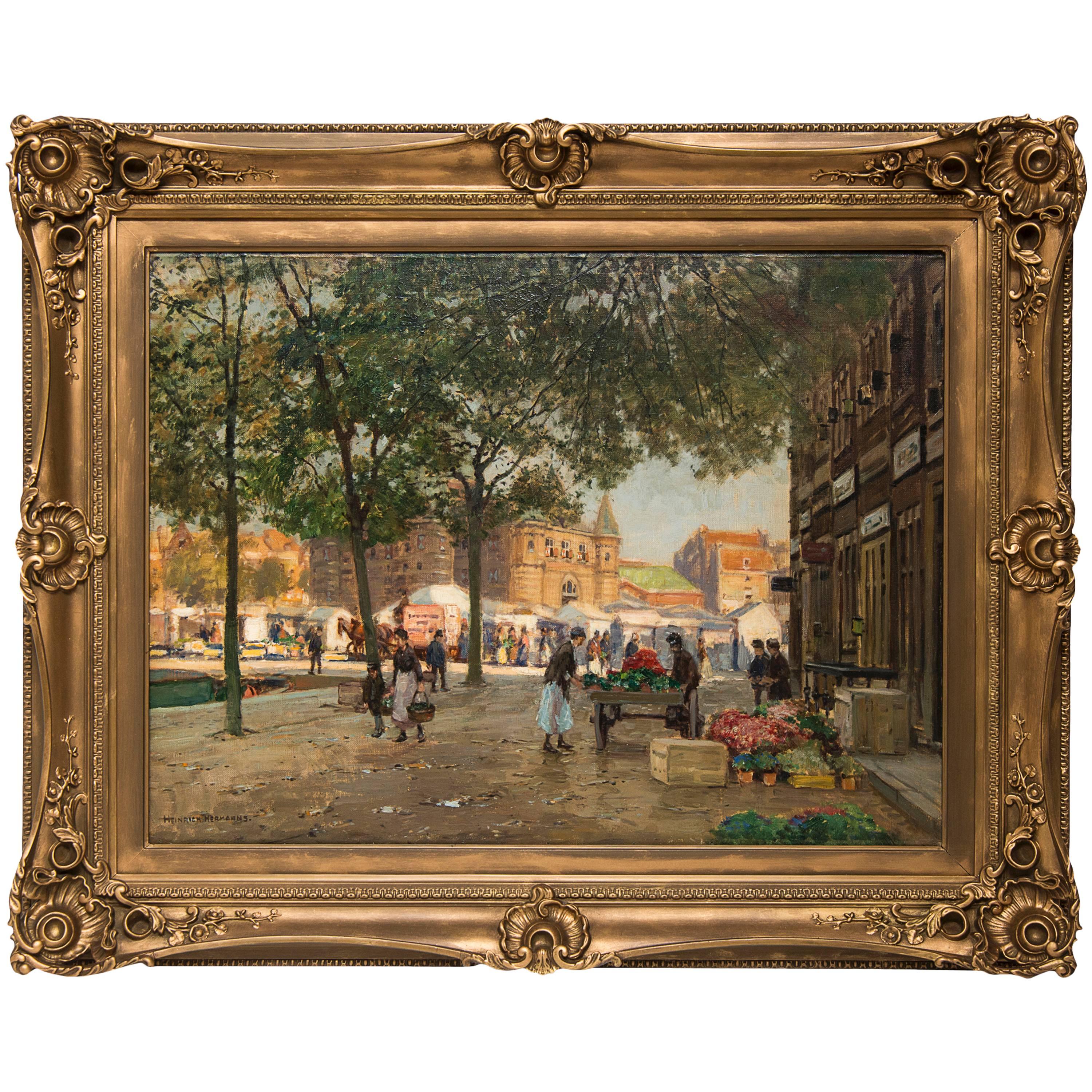 Market Square in Zurich, Oil on Canvas by Heinrich Hermanns, German ...