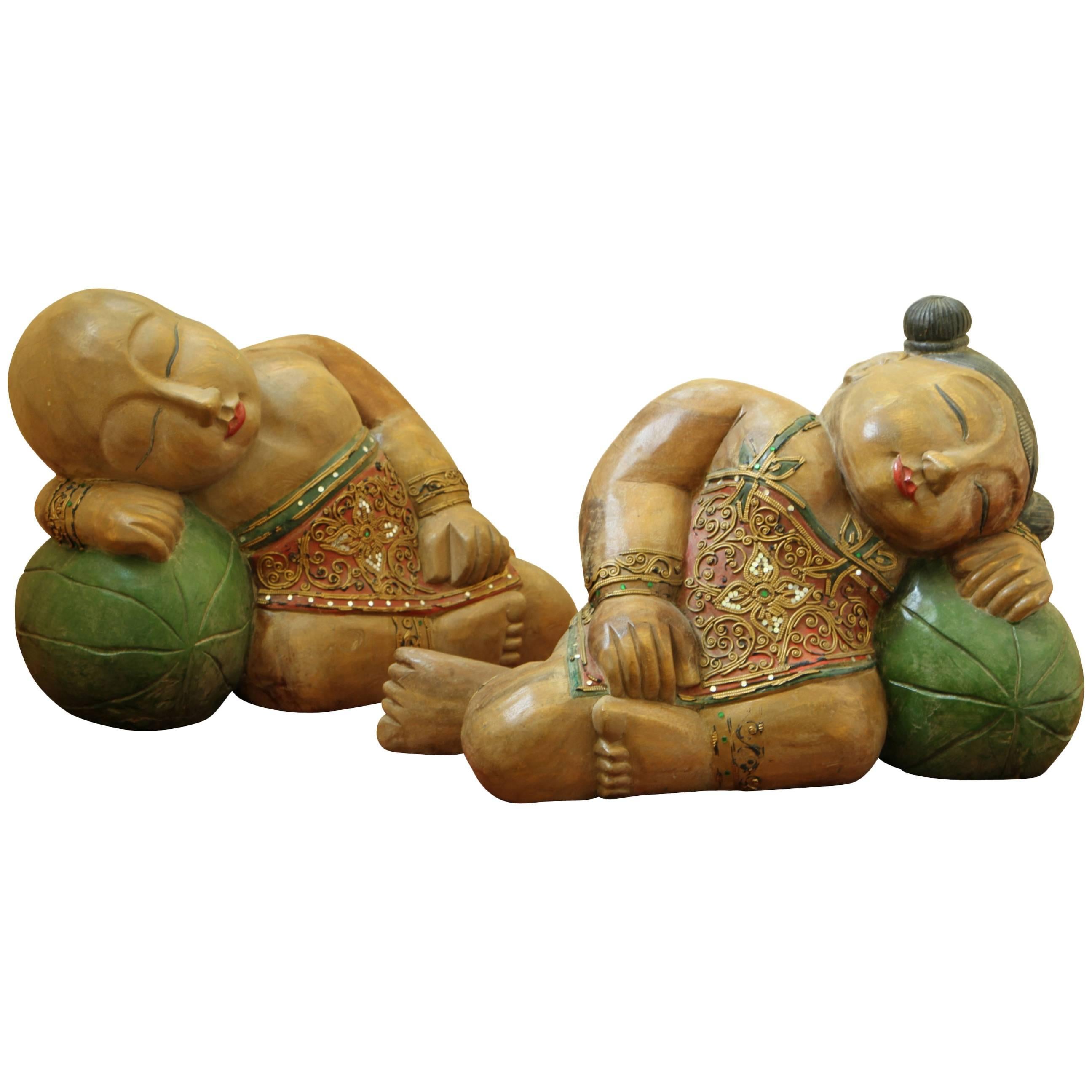 Figurines Vintage Asian Folk Art Wood Sculpture Sleeping Figure Melon ...