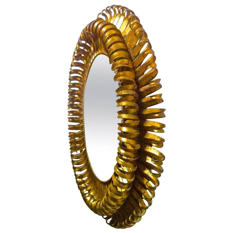 French Riviera Superb Oval Gold Leaf Wrought Iron Mirror For Sale at ...