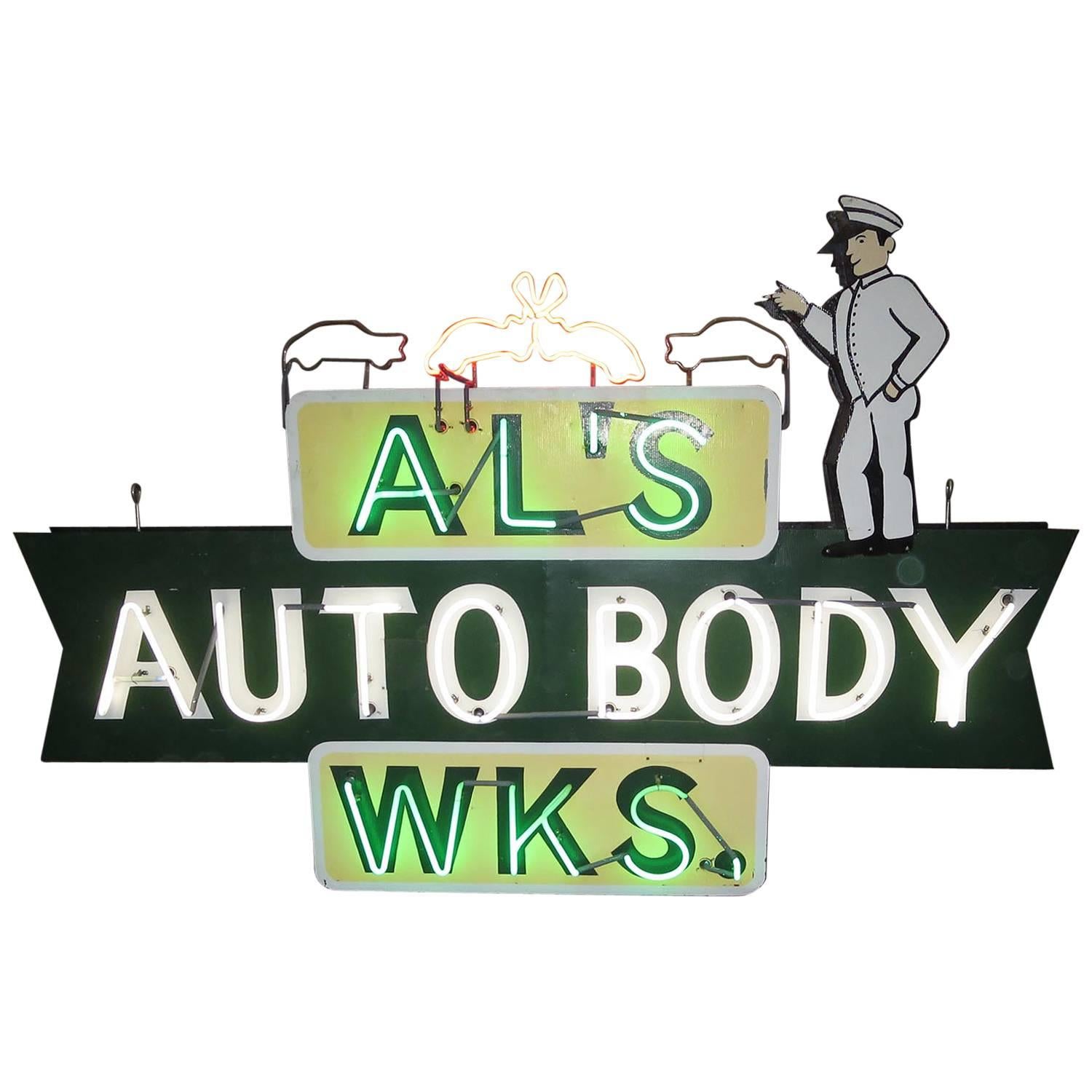 Large-Scale Neon Sign "Al's Auto Body Works," Double-Sided at 1stDibs