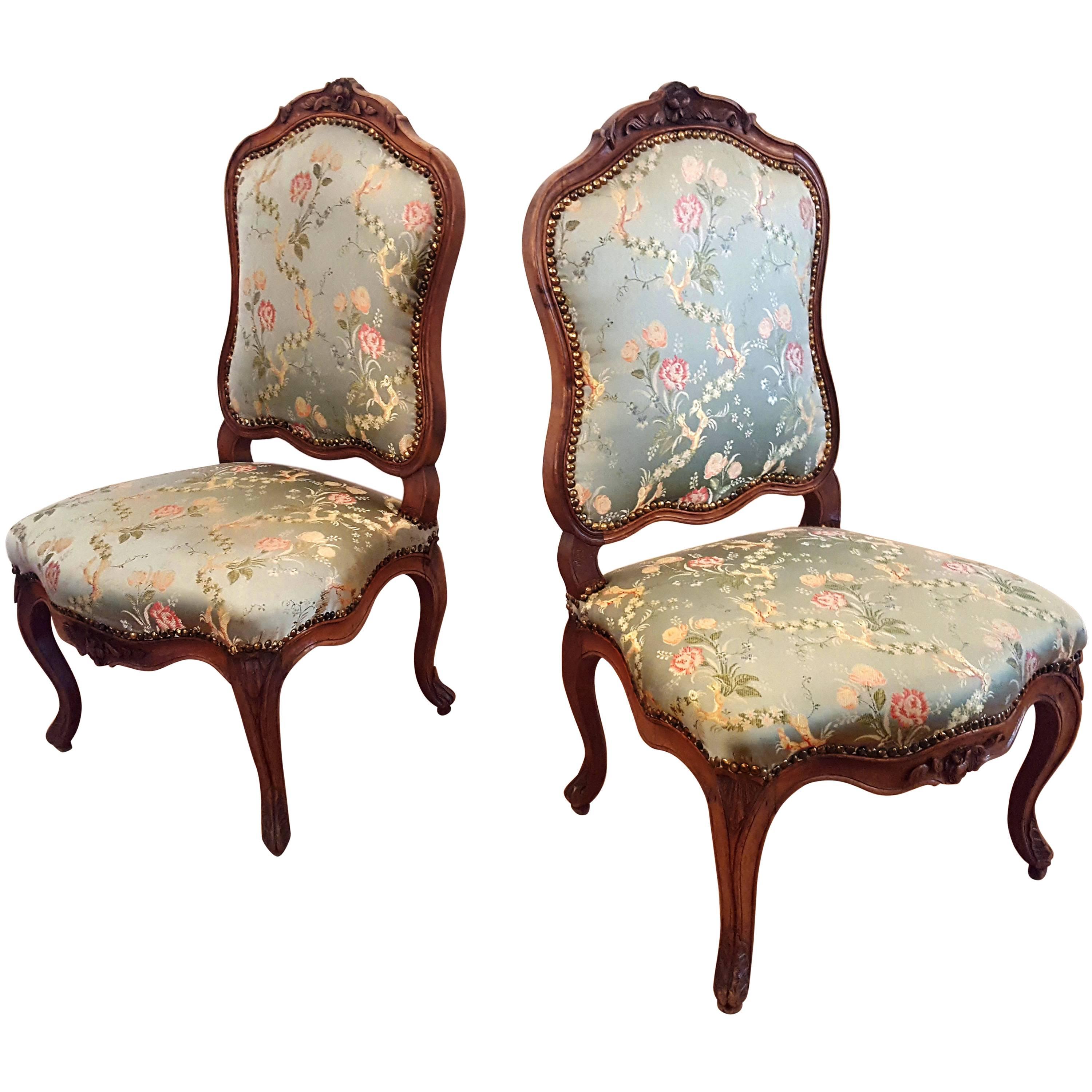 Fine Pair French Carved Walnut Rococo Chairs, Nogaret, silk brocade ...