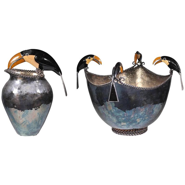 Emilia Castillo Silver Plated Mexican Toucan Pitcher and Punch Bowl at ...