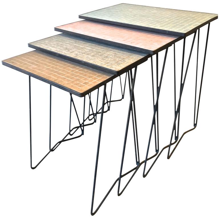 Mid-Century Modern Wrought Iron and Mosaic Tile Nesting Tables at 1stDibs