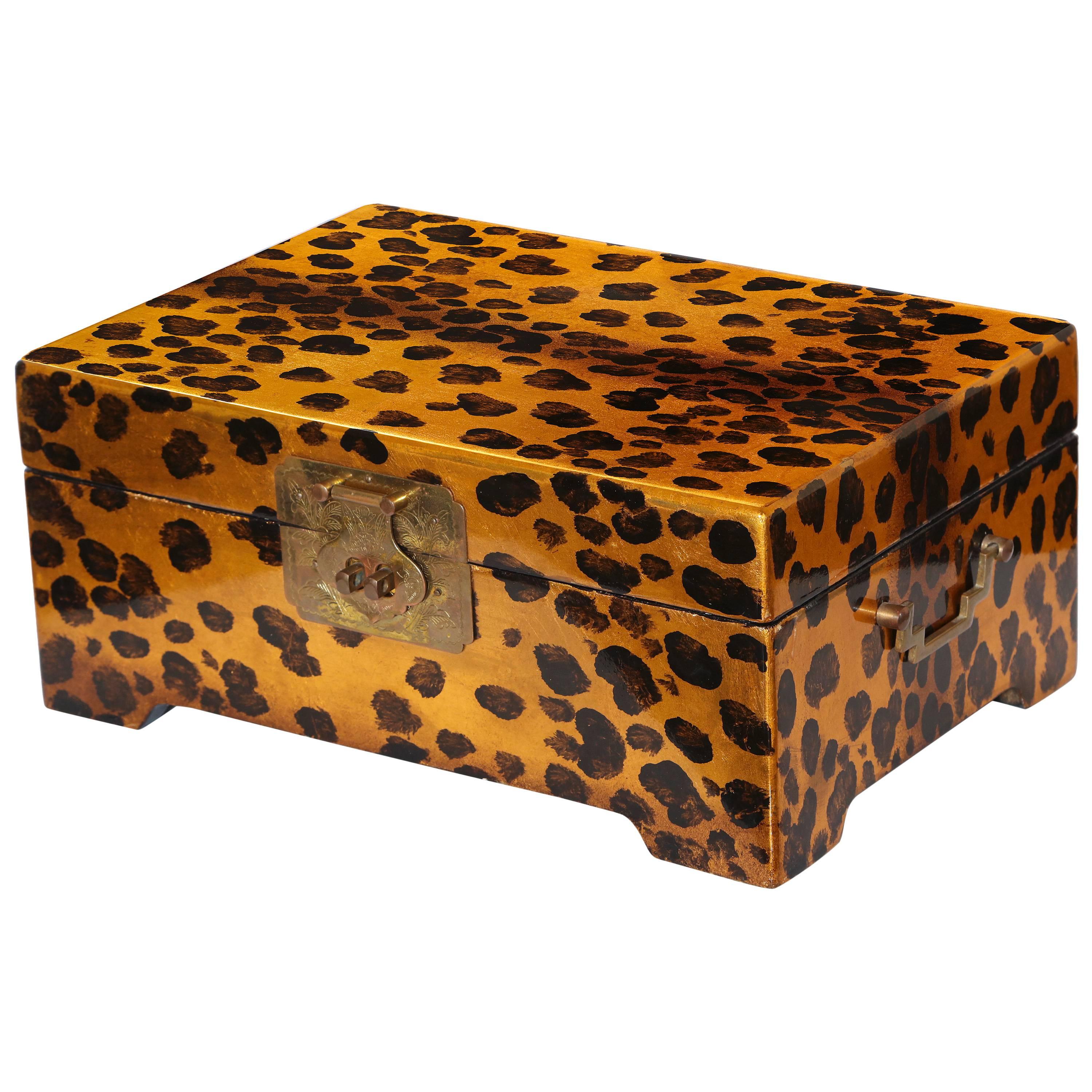 Leopard Print Painted Wood 1970s Box with Brass Handles and Clasp at ...