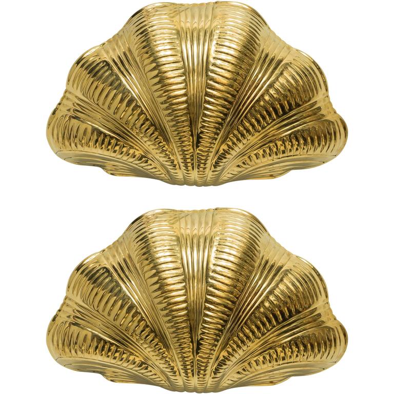 Pair of Solid Brass Seashell Wall Lights or Sconces For Sale at 1stDibs
