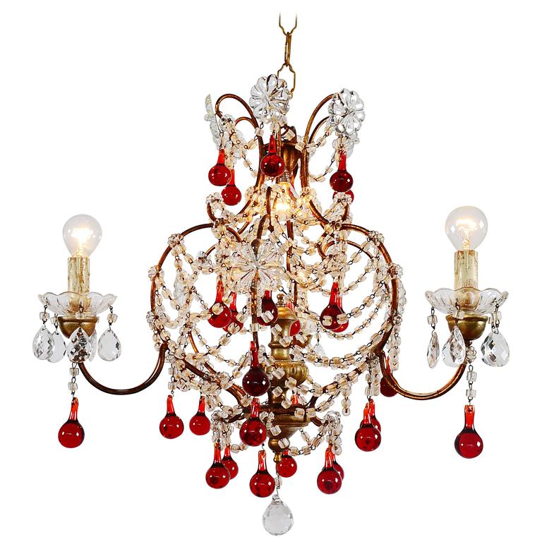 Italian Murano Red Glass Drops Chandelier, 1950s with Four Lights at ...
