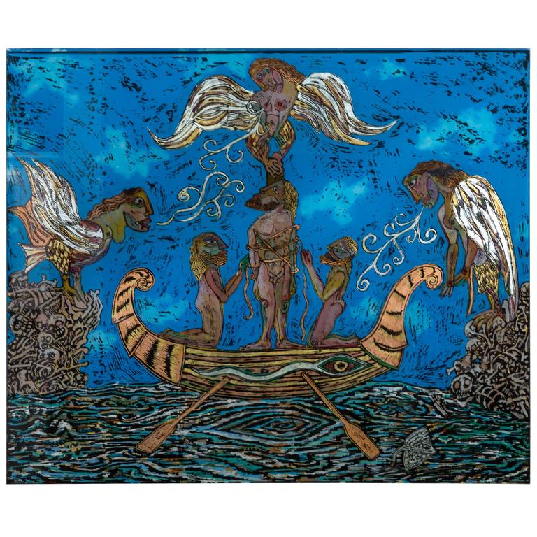 Reverse Painting on Glass of River Styx Ferryman by Carmen Spera at 1stDibs