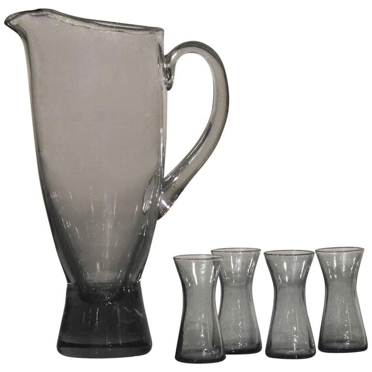 Mid-Century Modern Scandinavian Glass Smoke Grey Pitcher and Cordials ...