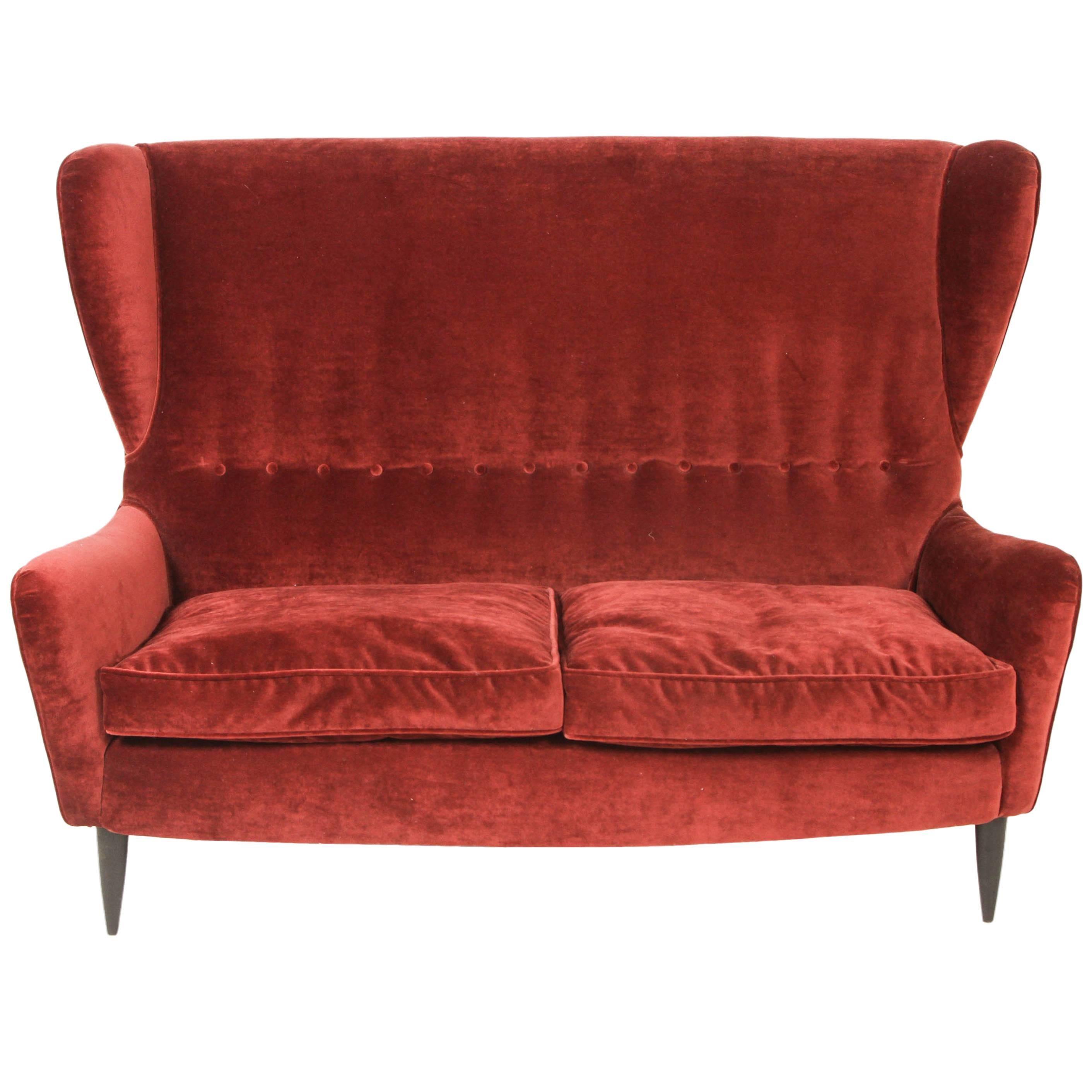 Italian High Back Winged Velvet Settee at 1stDibs