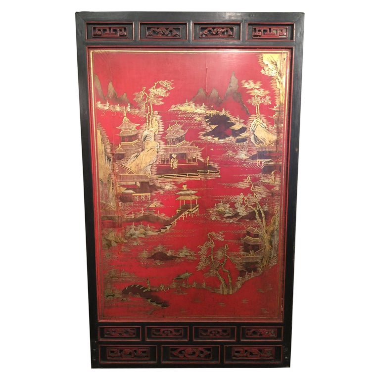 Antique Chinese Red Lacquer Landscape For Sale at 1stDibs