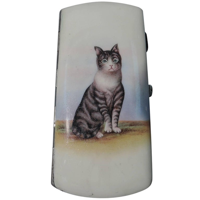 Super Cute Kitty Cat Cigarette Case in Silver and Enamel For Sale at ...