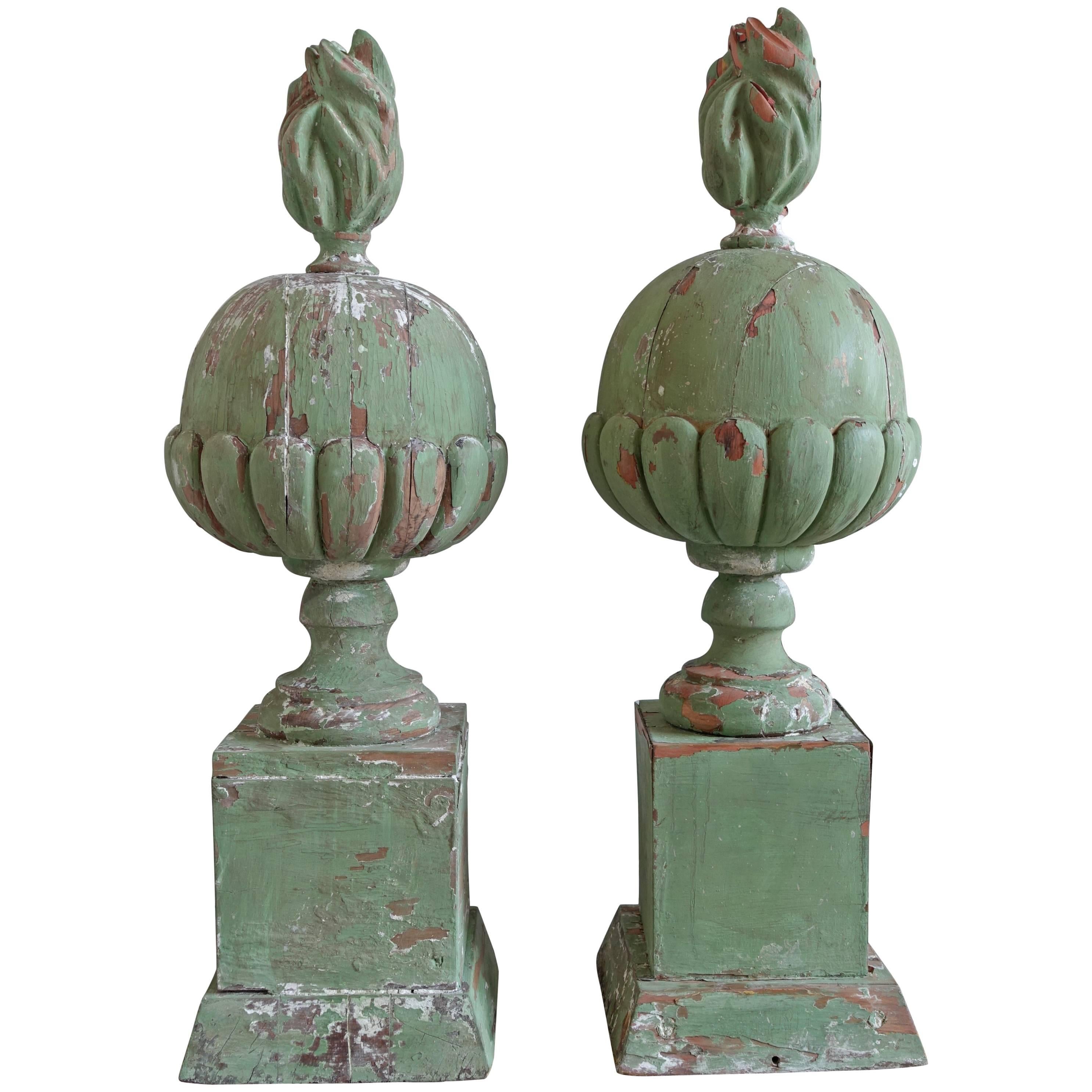 Pair of Italian Painted Flamed Finials at 1stDibs