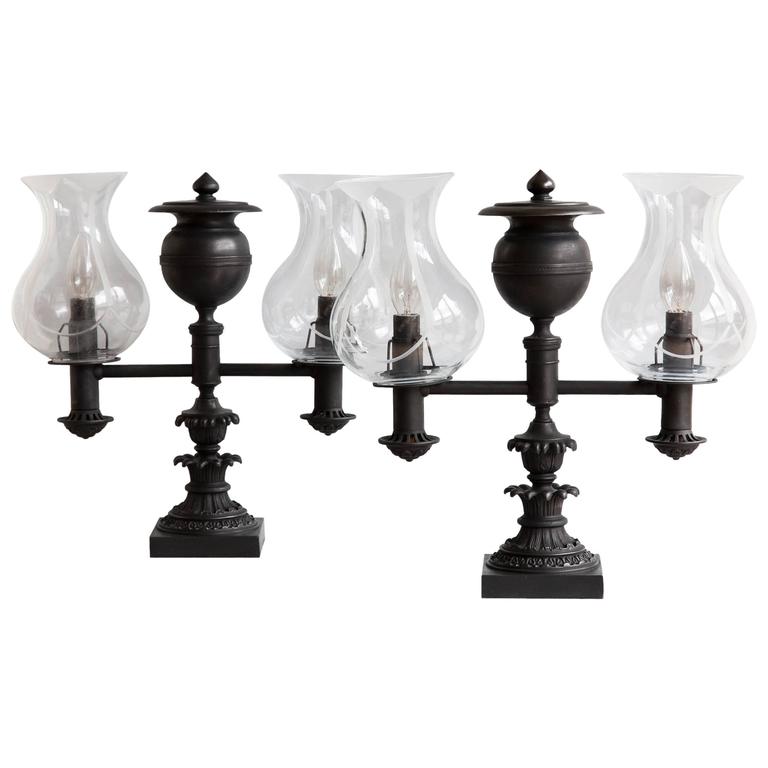 Pair of Early 19th Century Patinated Bronze Twin Arm Colza Argand Oil ...