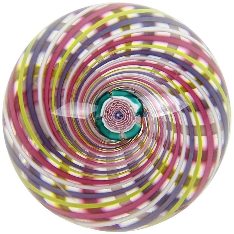 Studio Glass Swirl Paperweight with Clichy Style Rose at 1stDibs